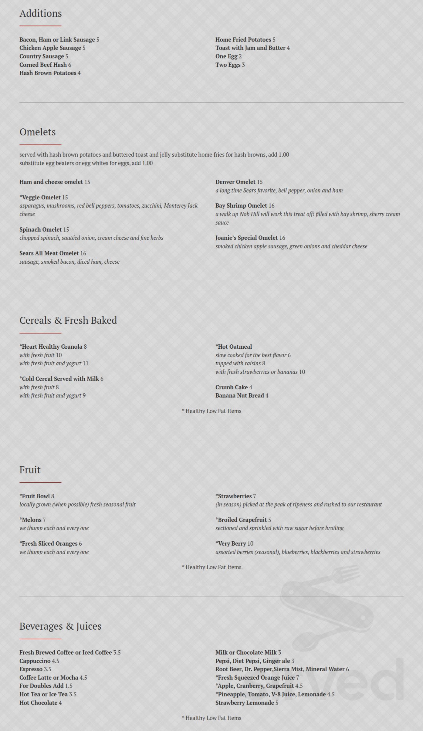 Sears Fine Food menu in San Francisco, California, USA