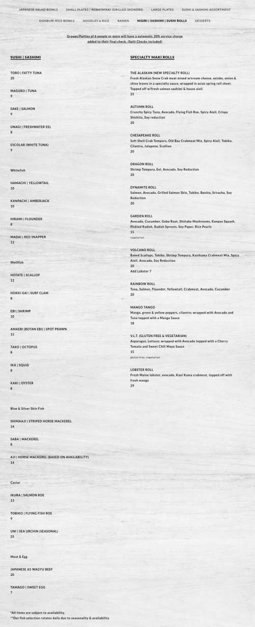 Umaya Izakaya menu in 733 10th St NW, Washington, DC 20001