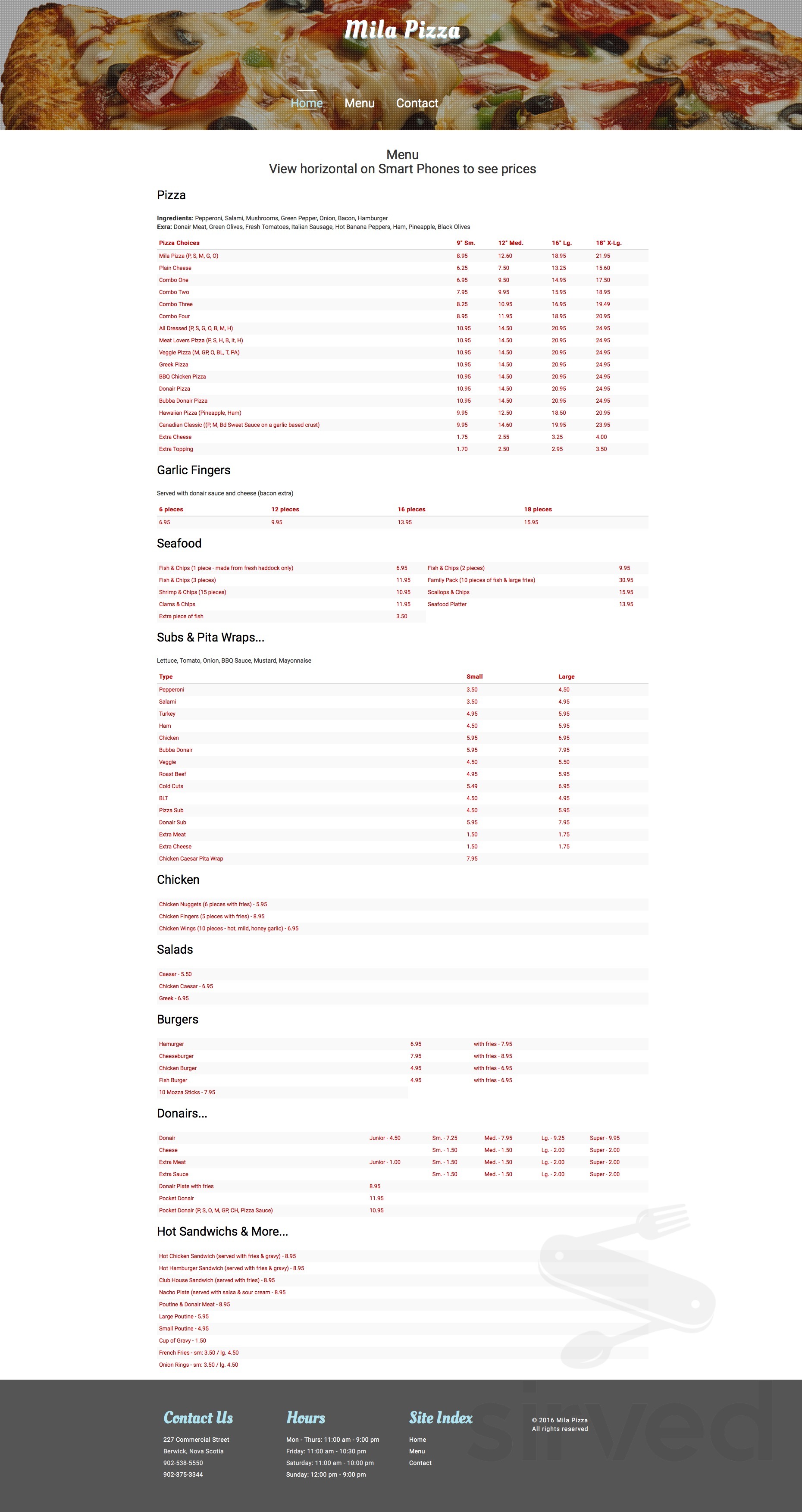 Mila Pizza menu in Berwick, Nova Scotia, Canada