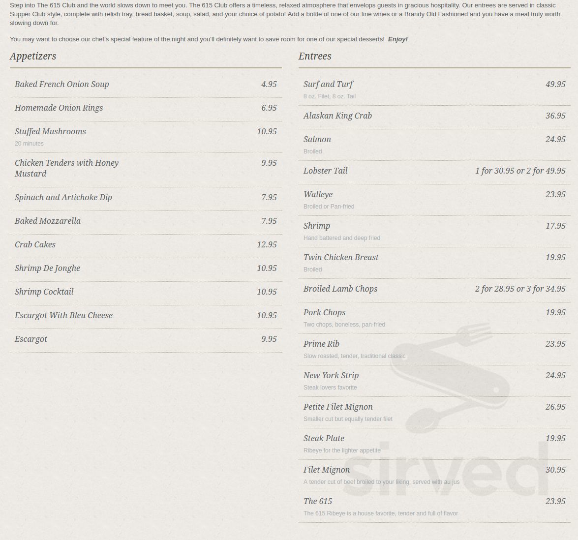 Menu for The 615 Club in Beloit, WI | Sirved