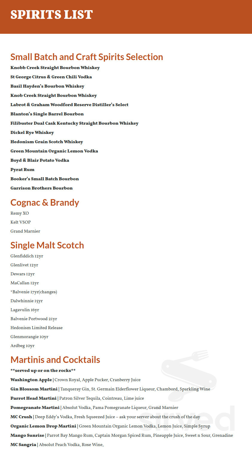 Monocacy Crossing Restaurant menu in Frederick, Maryland, USA