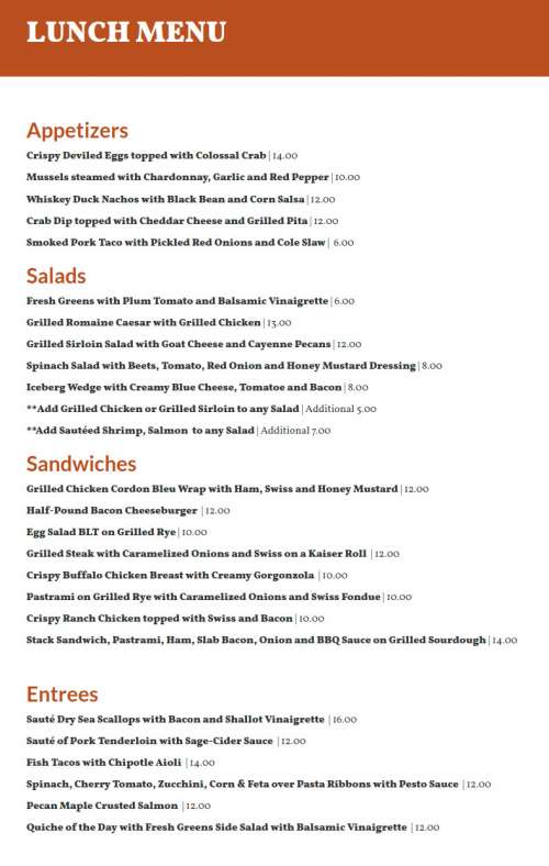 Monocacy Crossing Restaurant menu in Frederick, Maryland, USA