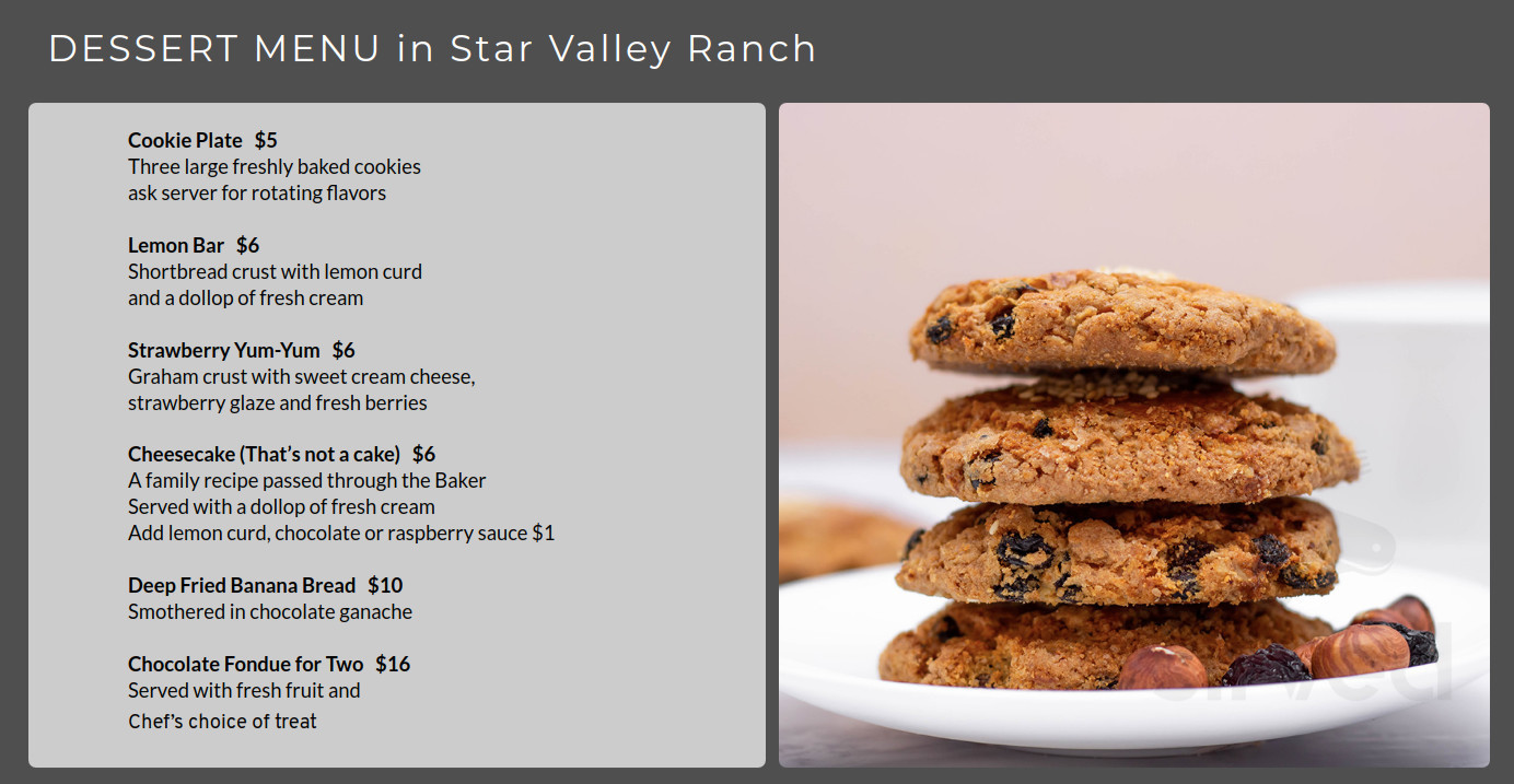 Menu - Star Valley Ranch WY's Three Canyons Restaurant | Sirved