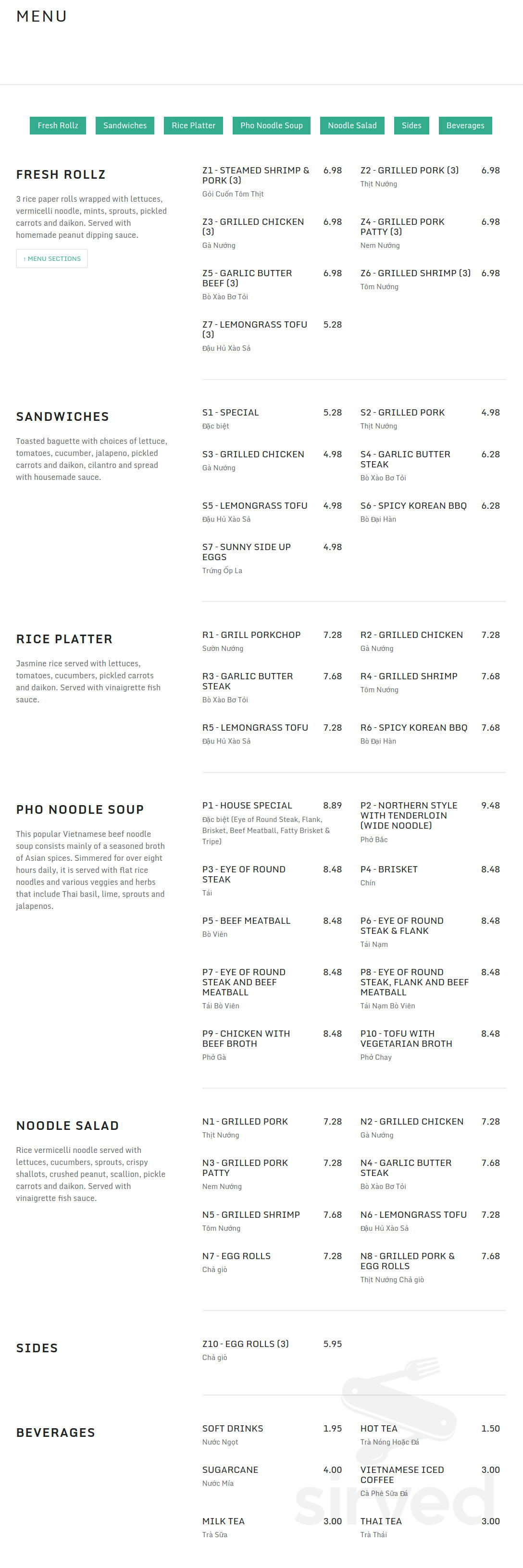 Rollz Vietnamese menu in Taylorsville, Utah, USA