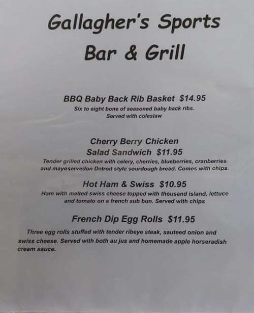 Gallagher's Sport Bar & Grill menu in Grayling, Michigan, USA