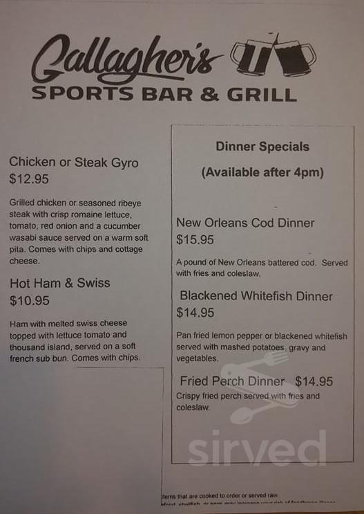 Gallagher's Sport Bar & Grill menu in Grayling, Michigan, USA