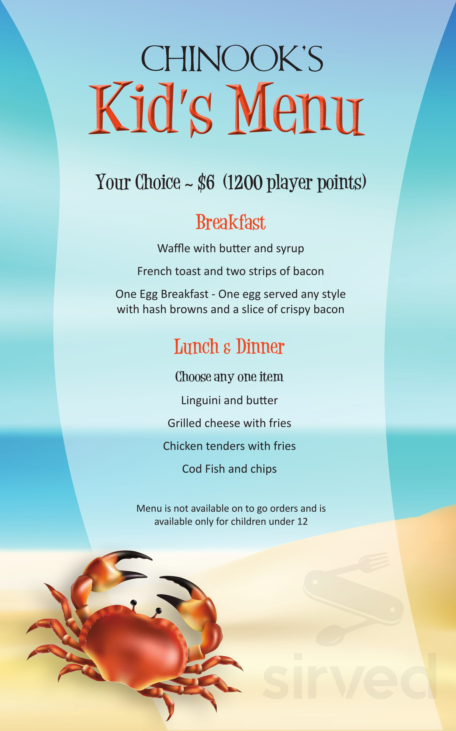 Chinook's Seafood Grill menu in Lincoln City, Oregon, USA