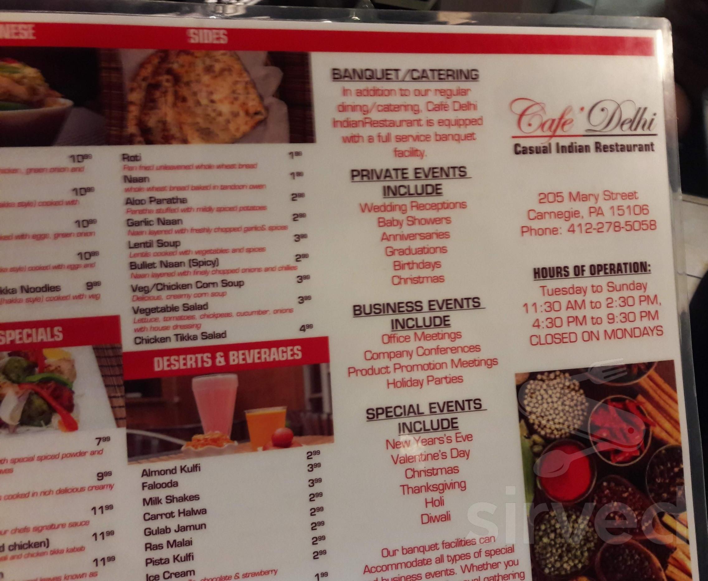 Menu - Carnegie PA's Cafe Delhi and Karma Banquet/Event Center | Sirved