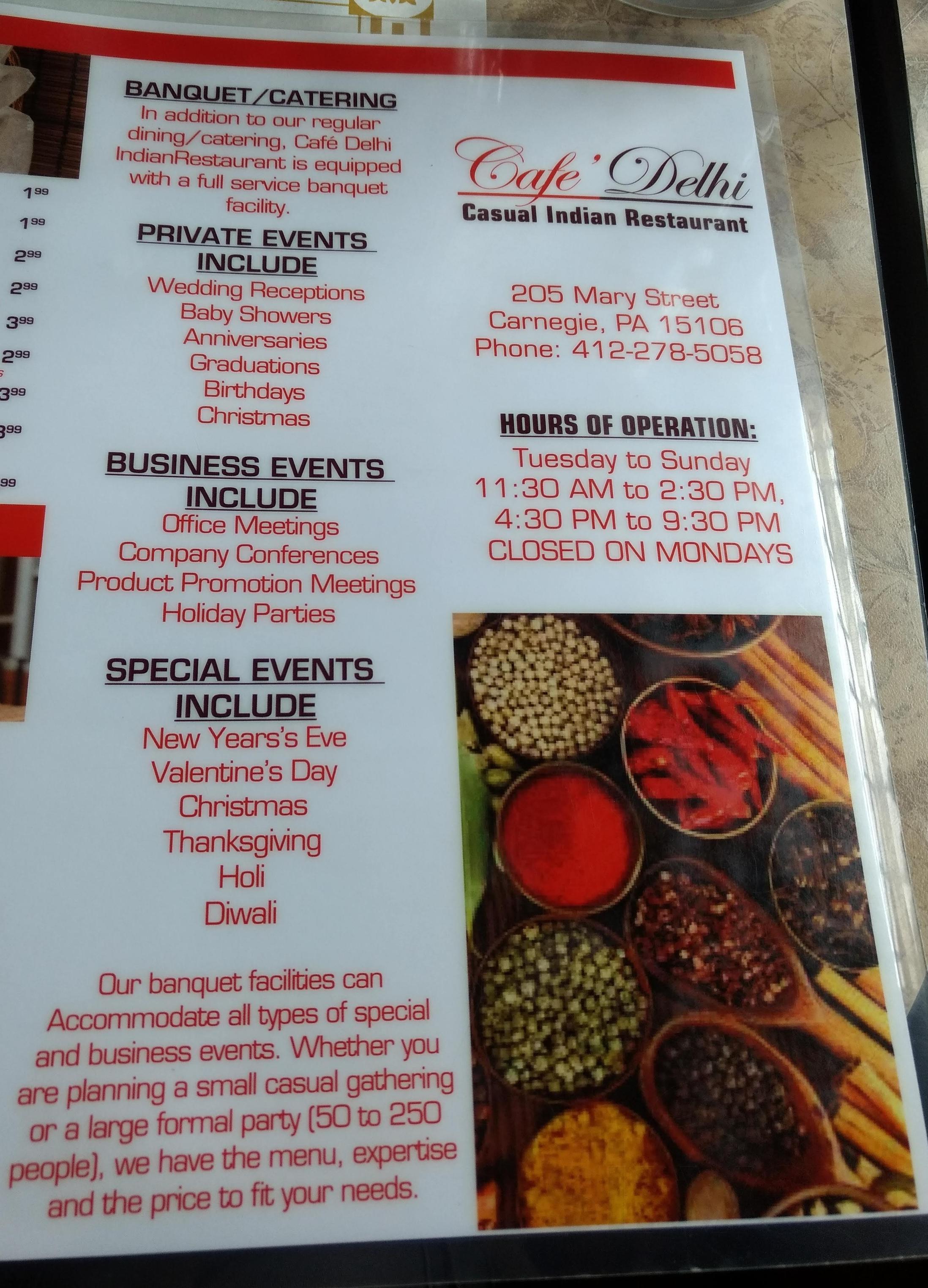 Menu - Carnegie PA's Cafe Delhi and Karma Banquet/Event Center | Sirved