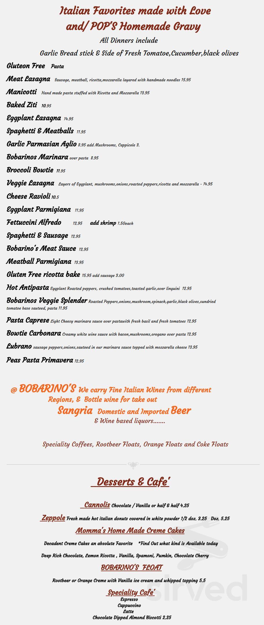 Bobarino's Pizzeria menu in Englewood, Florida, USA