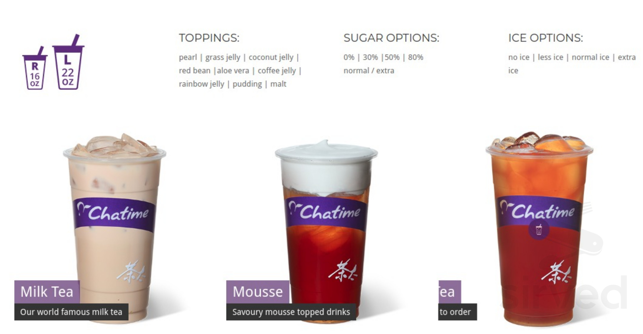 Chatime menus in Saskatoon, Saskatchewan, Canada