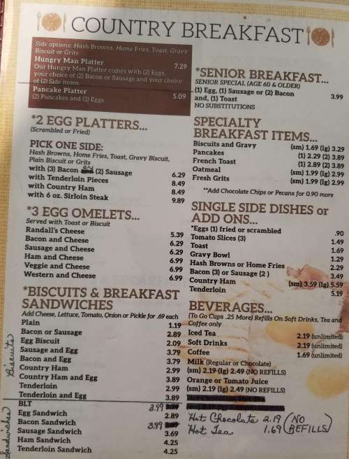 Randall's Restaurant menu in Church Hill, Tennessee, USA