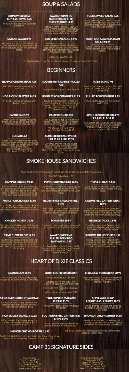 Camp 31 menu in Paris, Ontario, Canada