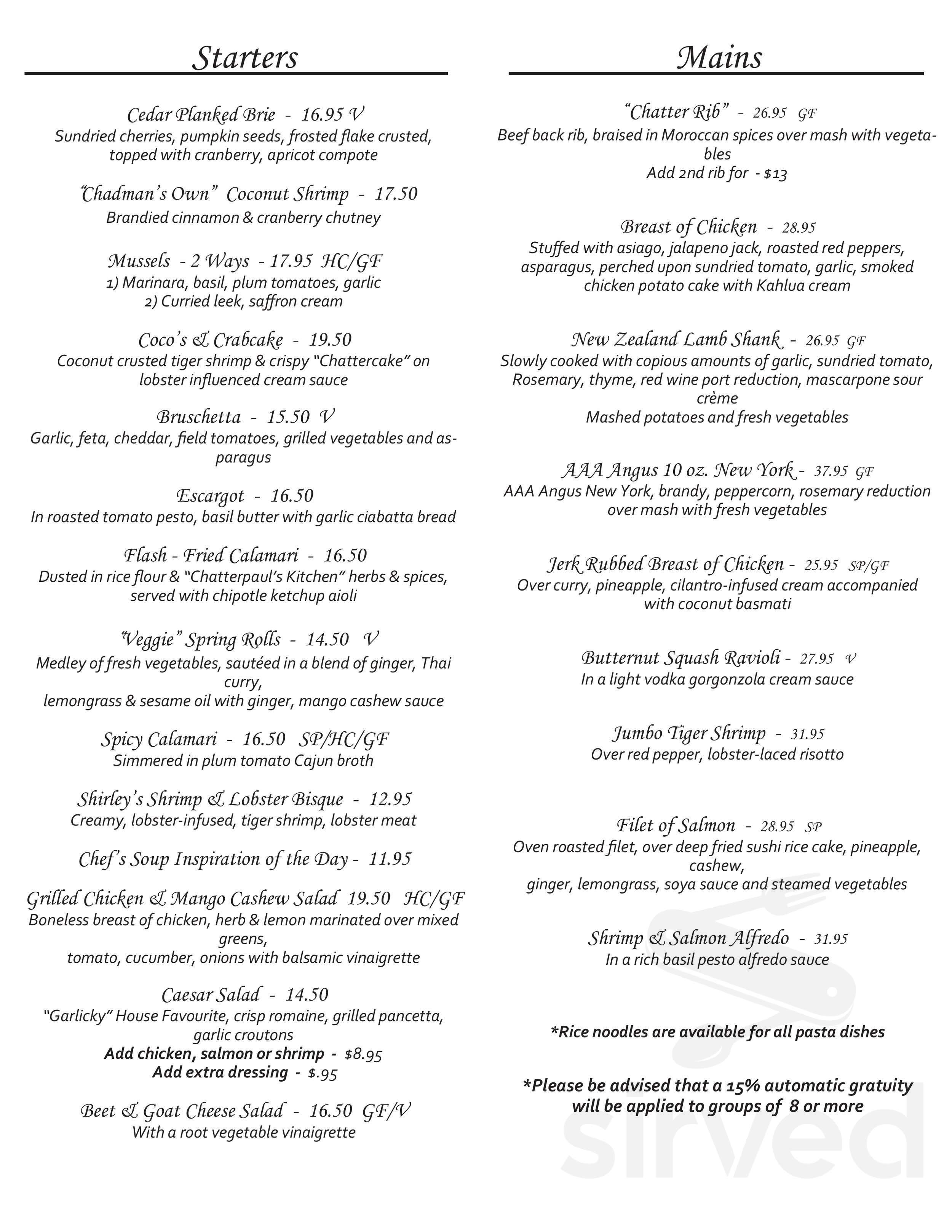 Chatterpaul's Restaurant menu in Whitby, Ontario, Canada