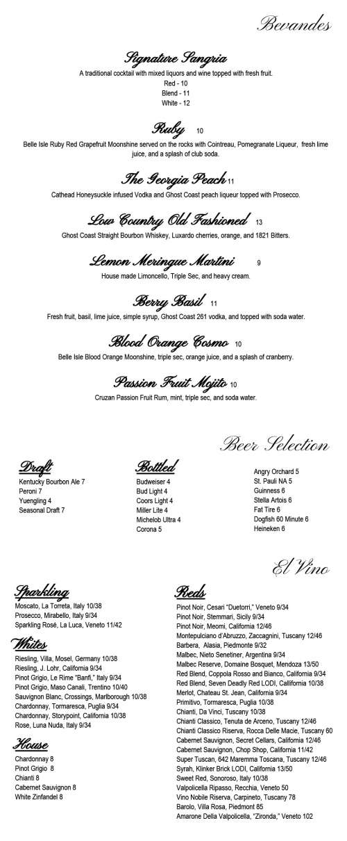 Corleone's menu in Savannah, Georgia, USA