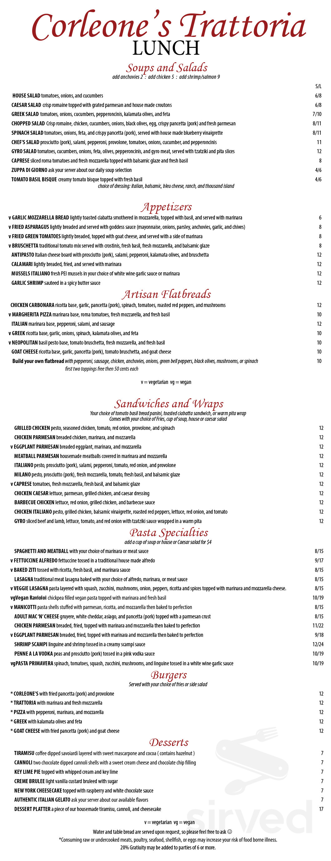 Menu - Savannah GA's Corleone's | Sirved