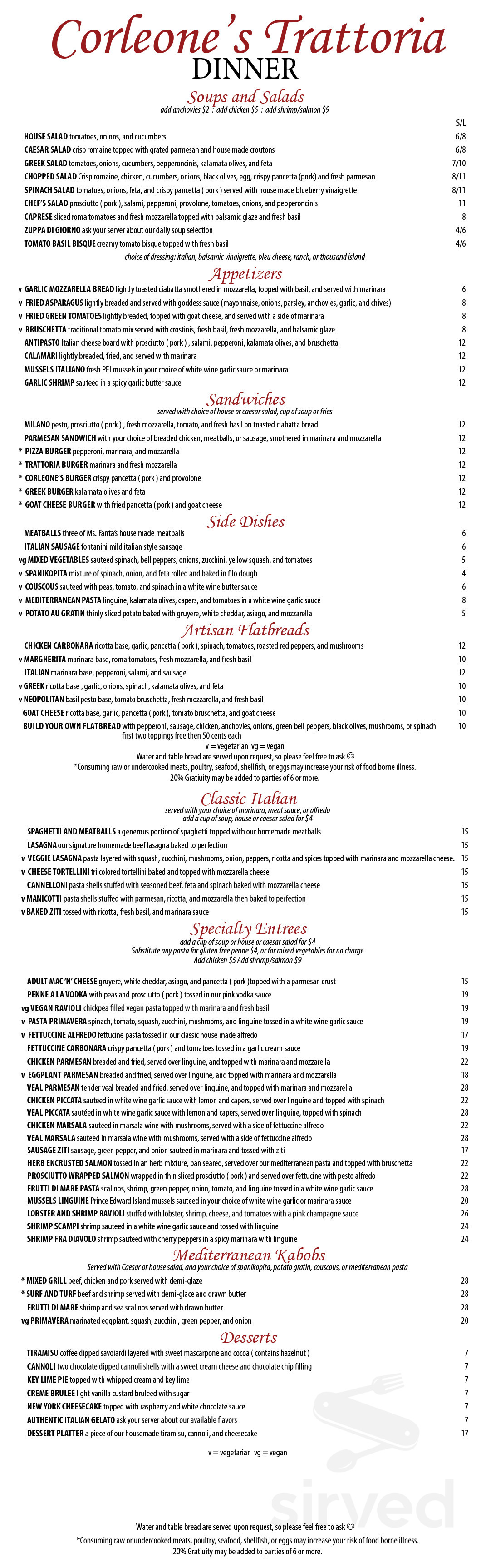 Menu - Savannah GA's Corleone's | Sirved