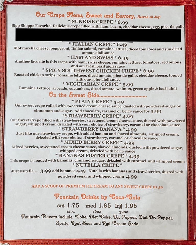 Sipp Shoppe menu in Winslow, Arizona, USA