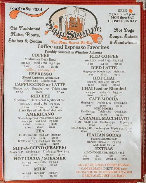 Sipp Shoppe menu in Winslow, Arizona, USA