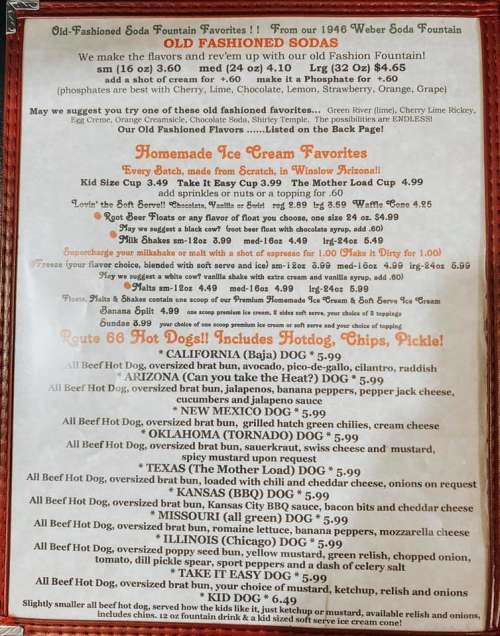 Sipp Shoppe menu in Winslow, Arizona, USA