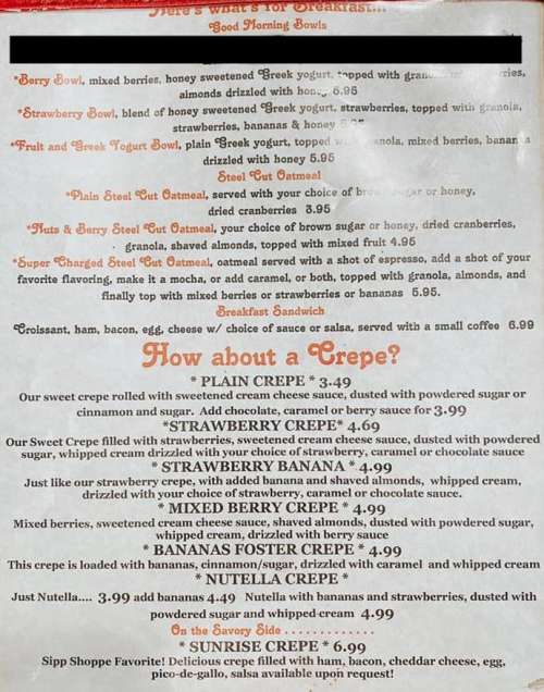 Sipp Shoppe menu in Winslow, Arizona, USA