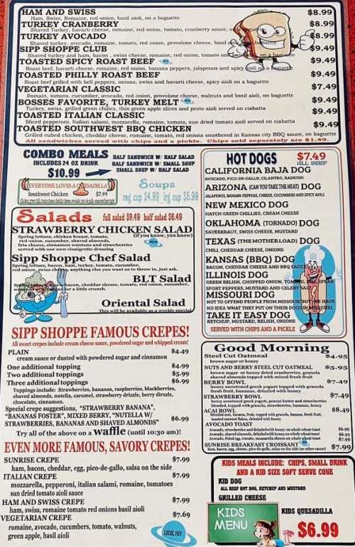 Sipp Shoppe menu in Winslow, Arizona, USA