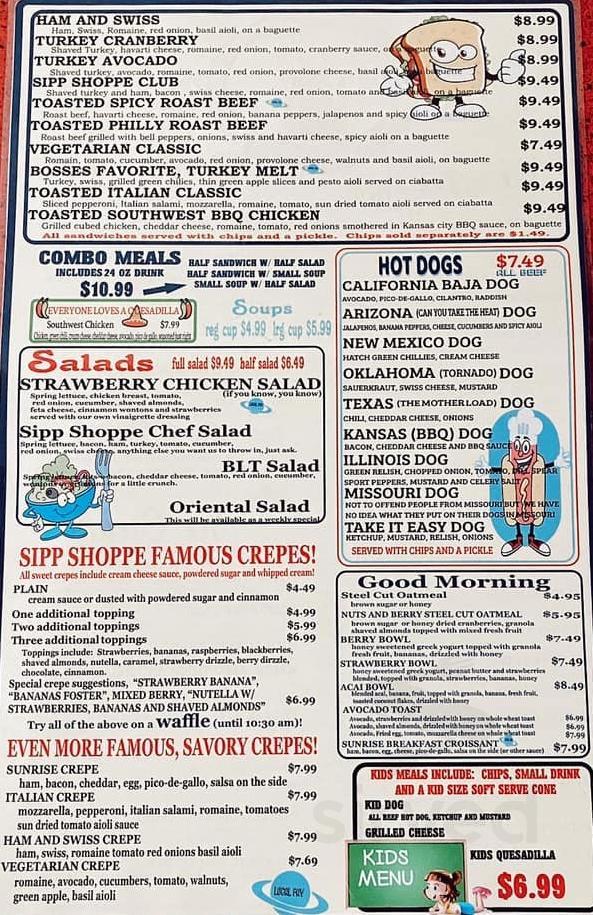 Sipp Shoppe menu in Winslow, Arizona, USA
