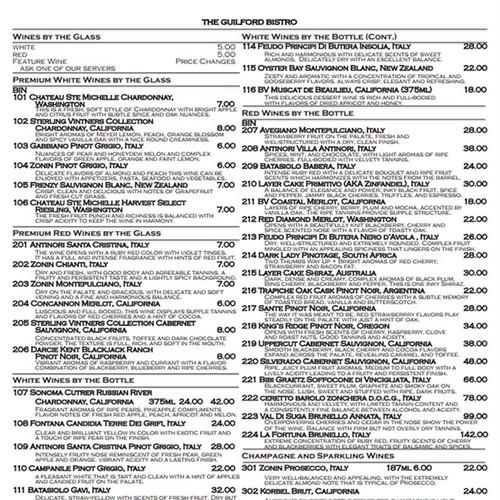 The Guilford Bistro & Grille Cafe menu in Guilford, Connecticut, USA