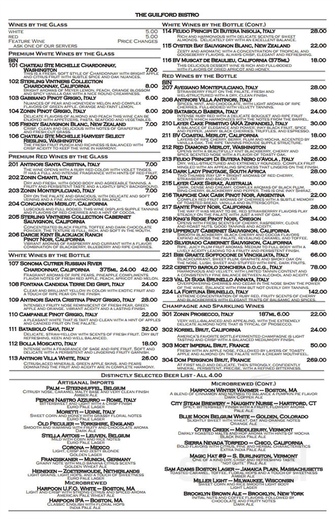 The Guilford Bistro & Grille Cafe menu in Guilford, Connecticut, USA