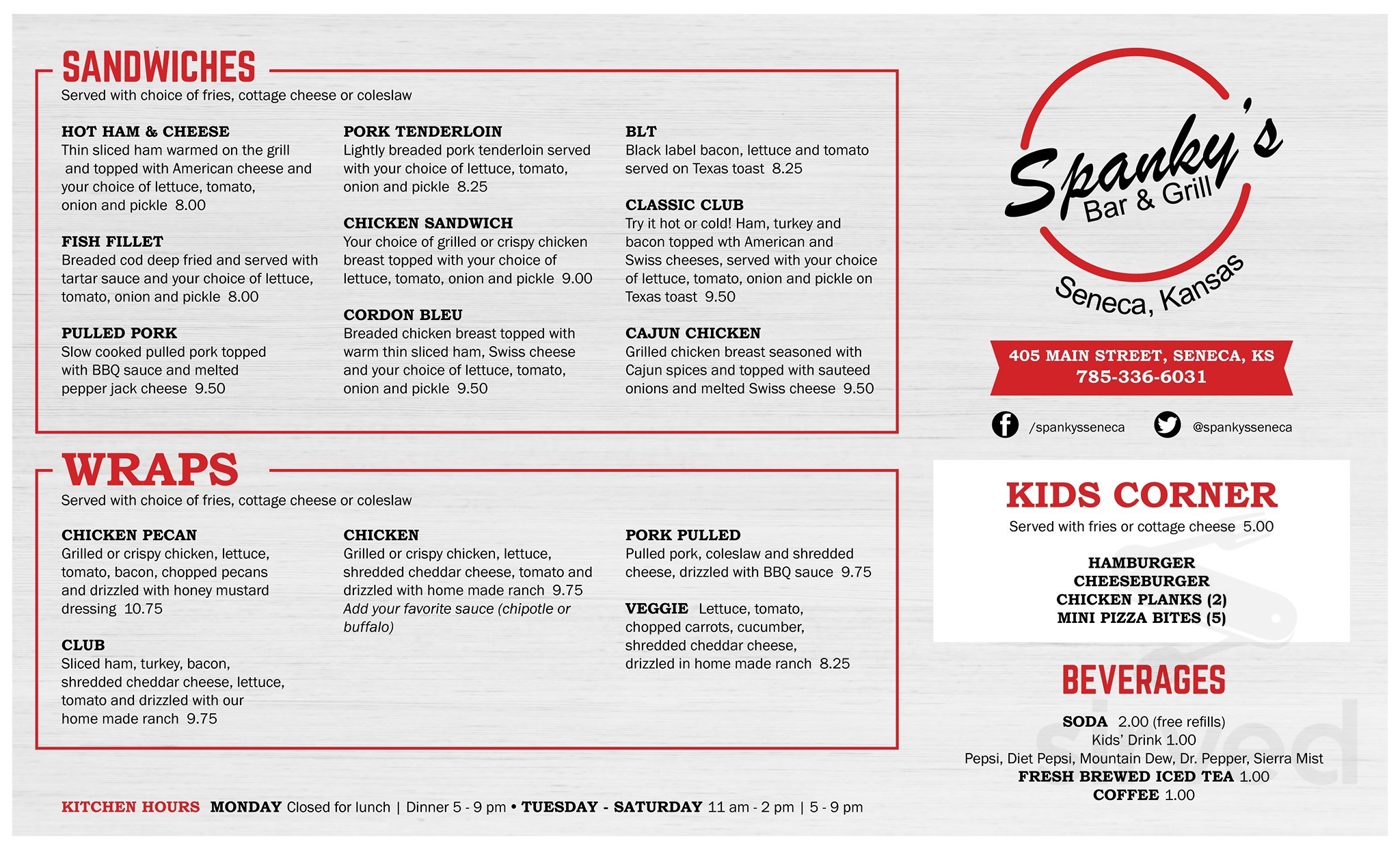 Spanky's menu in Seneca, Kansas, USA