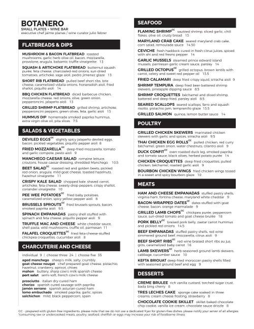 Botanero Restaurant menu in Rockville, Maryland, USA