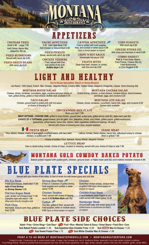 Montana Restaurant menu in Weatherford, Texas, USA