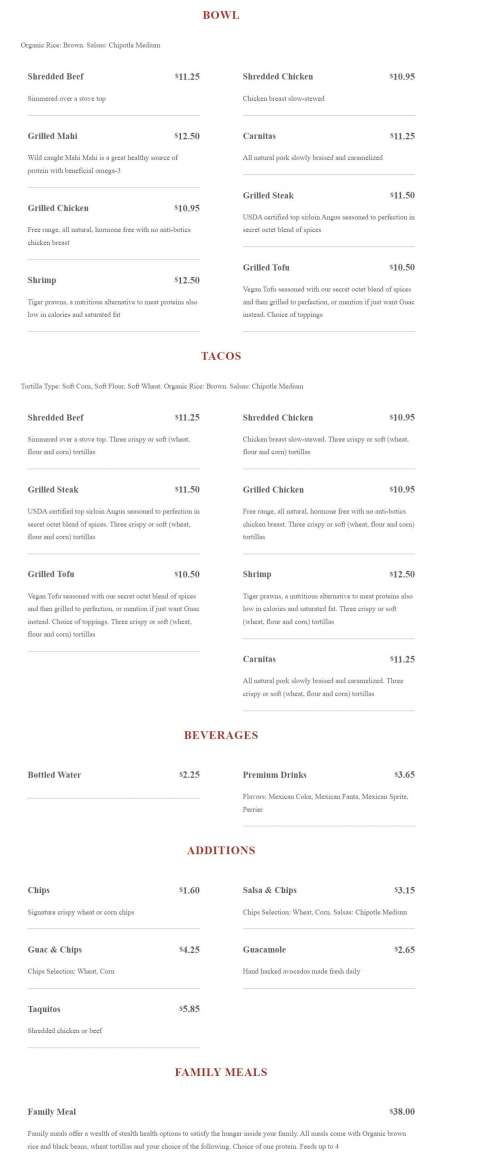 Ocho Mexican Grill menu in Los Angeles, California, USA