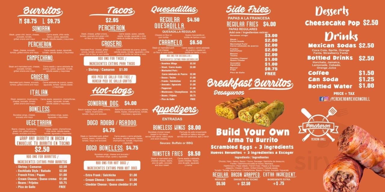 Percheron Mexican Grill menu in Tucson, Arizona, USA