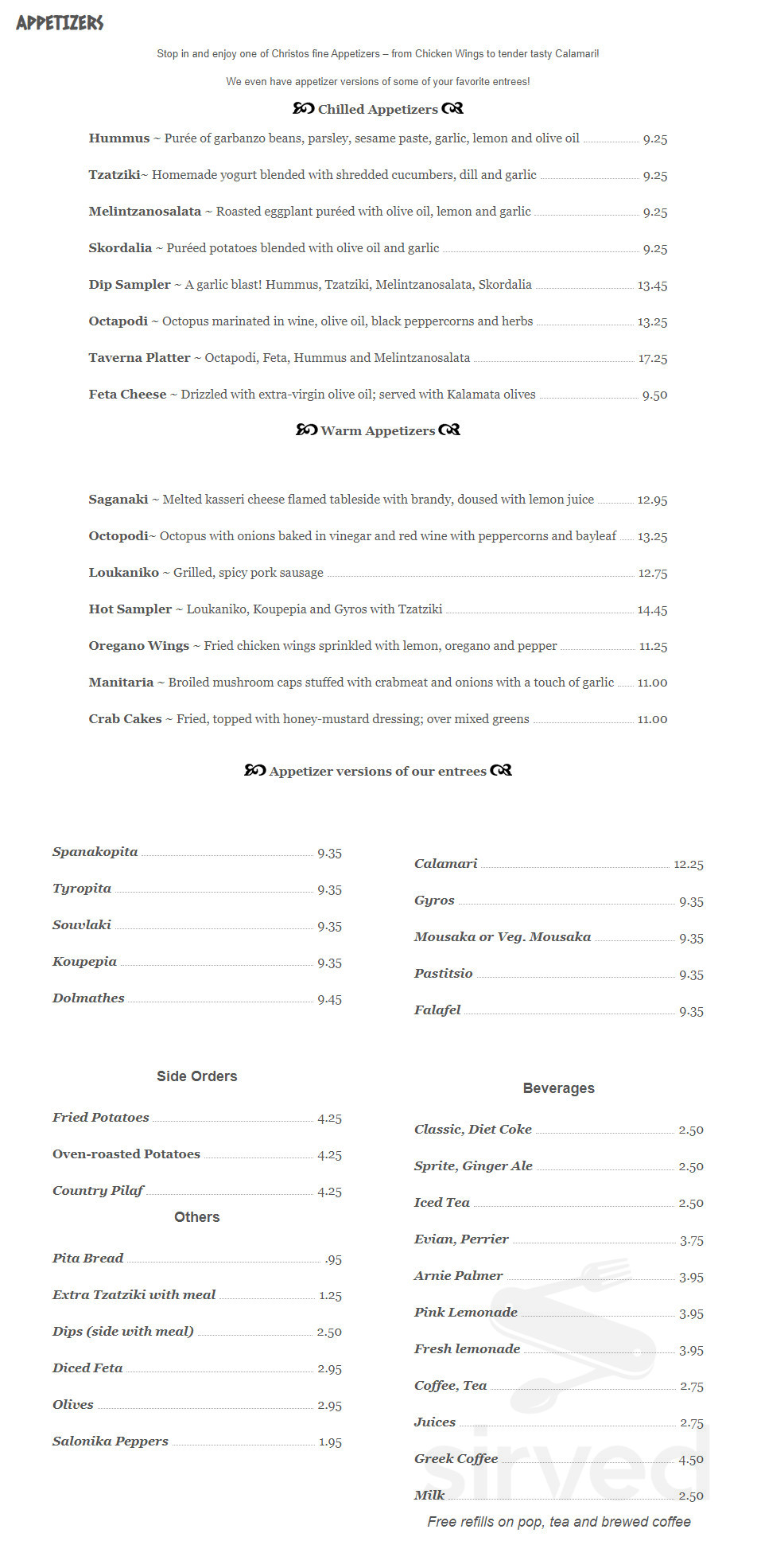 Christos Greek Restaurant menu in Minneapolis, Minnesota, USA