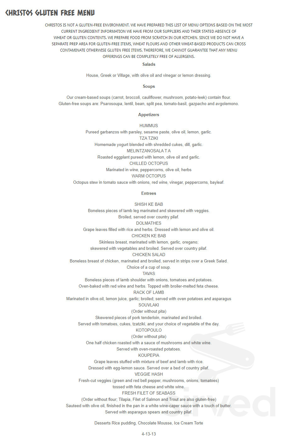 Christos Greek Restaurant menu in Minneapolis, Minnesota, USA