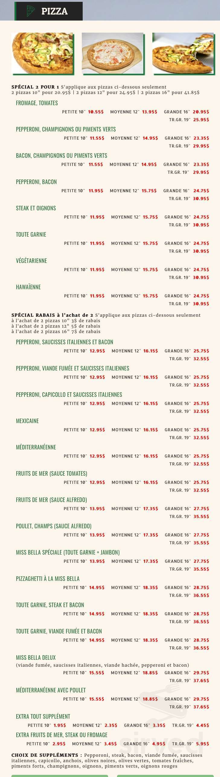 Miss Bella menu in Longueuil, Quebec, Canada