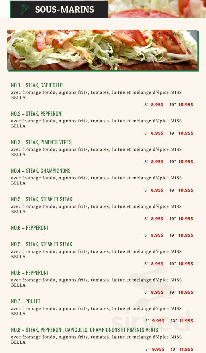 Miss Bella menus in Longueuil, Quebec, Canada