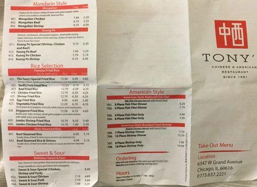 Tony's Chinese & American Restaurant menu in Chicago, Illinois, USA
