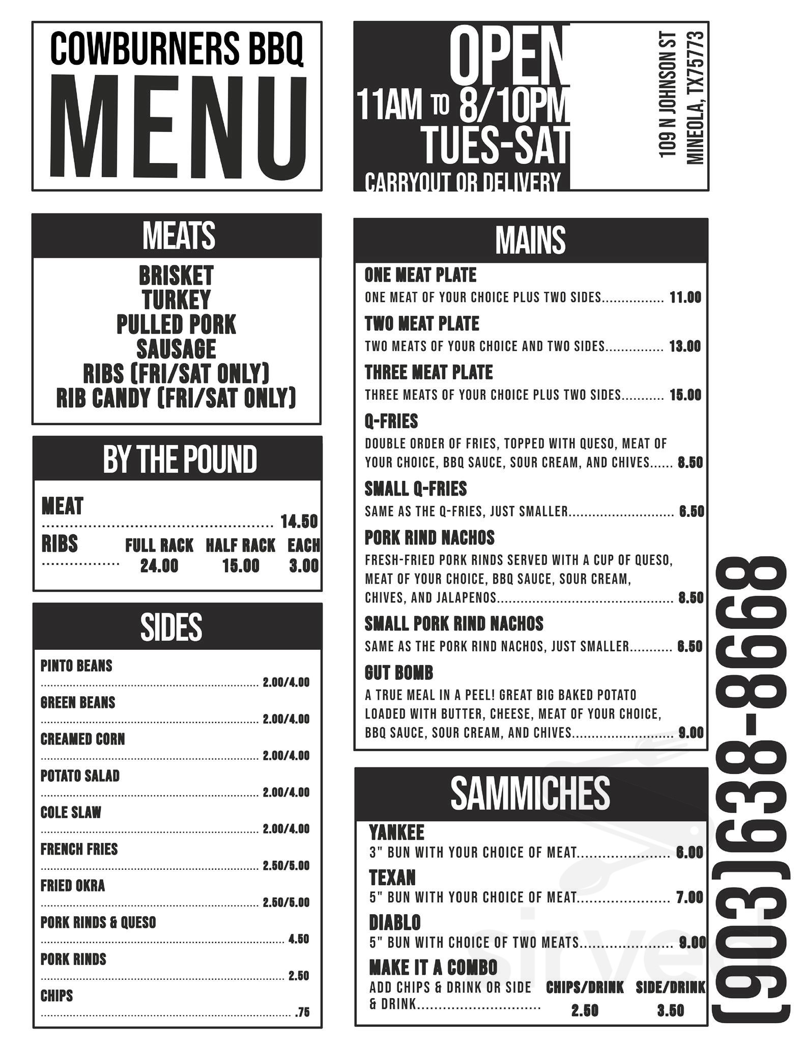 Menu for CowBurners BBQ & Taproom in Mineola, TX | Sirved