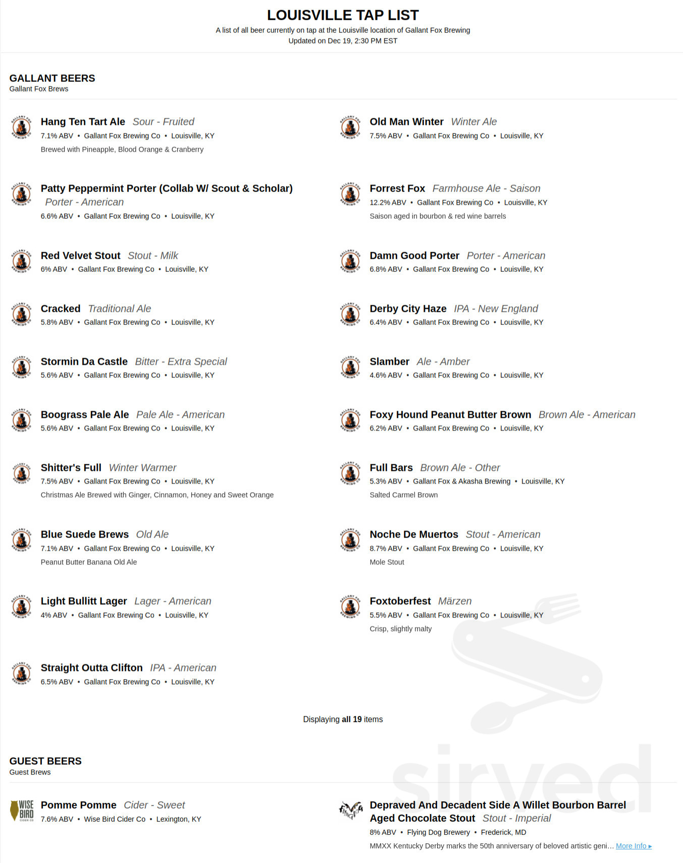 Gallant Fox Brewing Company menu in Louisville, Kentucky, USA