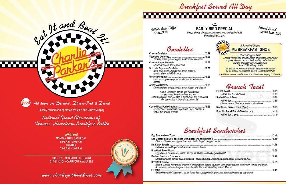 Menu for Charlie Parker's Diner in Springfield, IL | Sirved