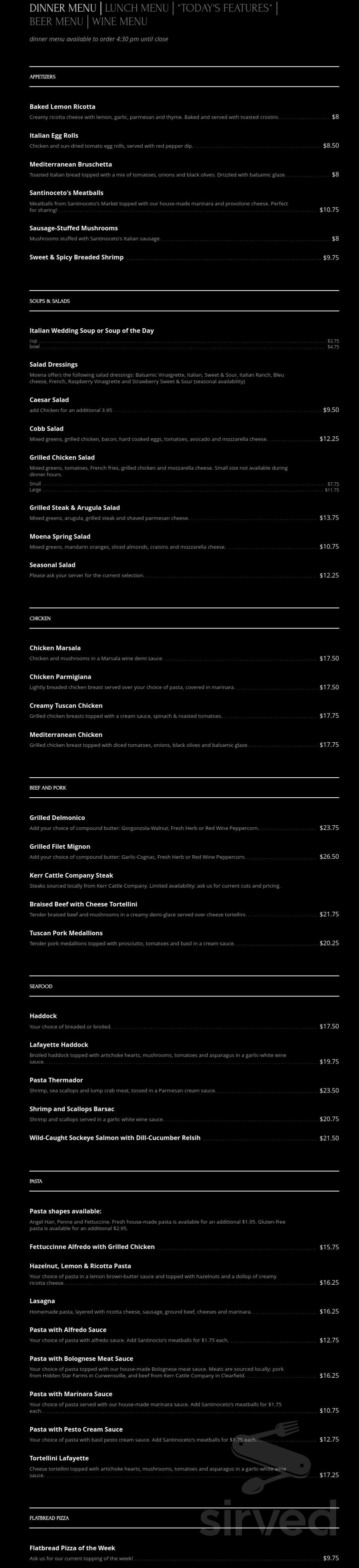 Moena Restaurant menus in Clearfield, Pennsylvania, United States