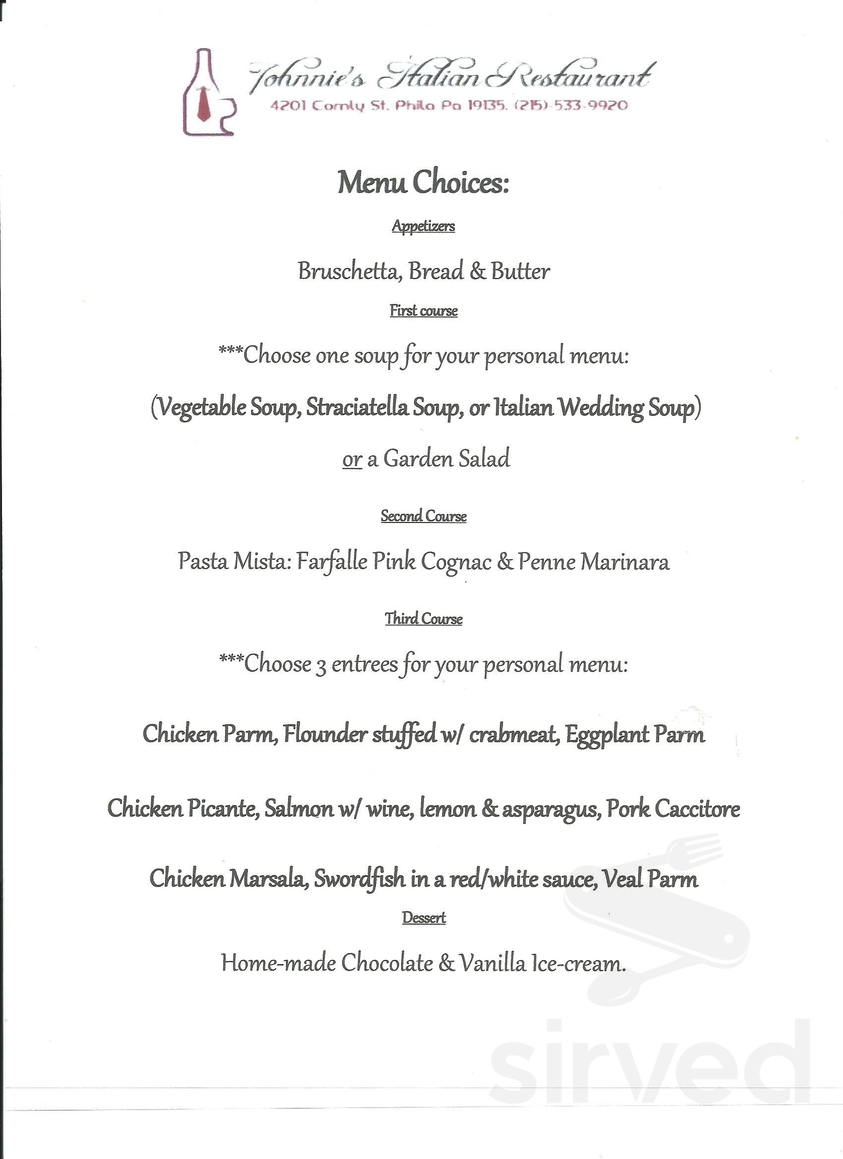 Johnnie's Italian Restaurant menu in Philadelphia, Pennsylvania, USA