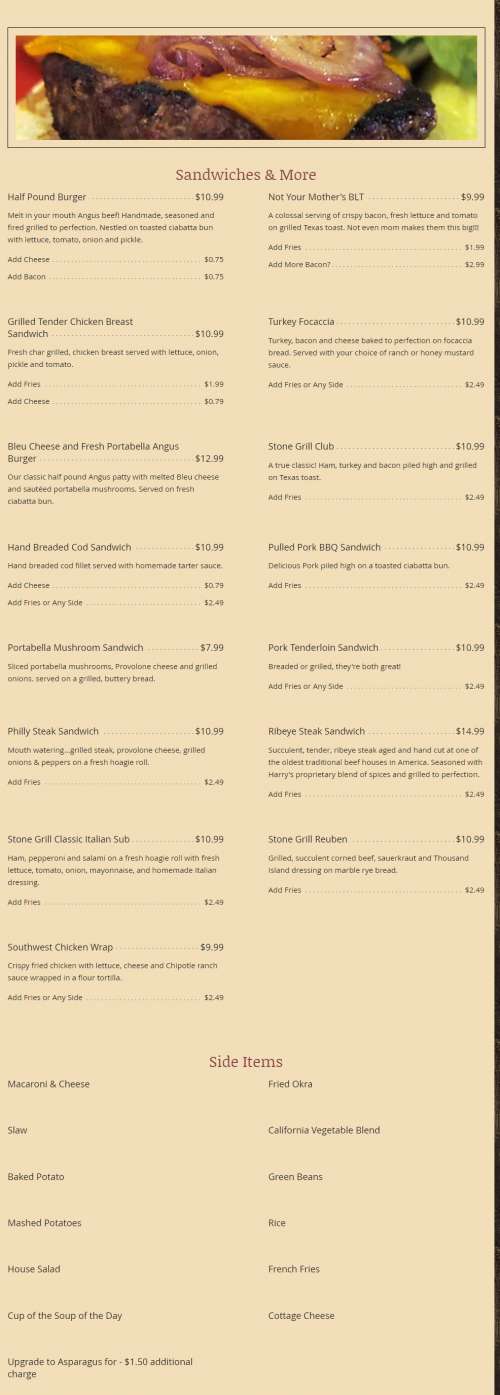 Harry's Stone Grill menu in Madison, Indiana, USA