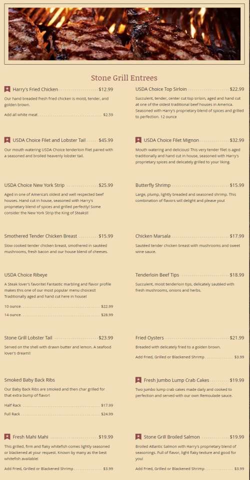 Harry's Stone Grill menu in Madison, Indiana, USA