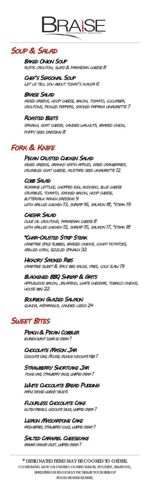 Braise Contemporary Southern menu in Raleigh, North Carolina, USA