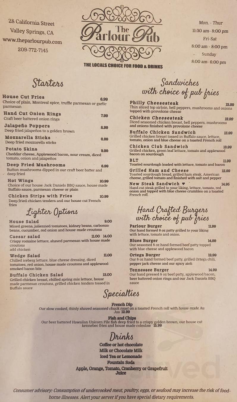 The Parlour Pub menus in Valley Springs, California, United States