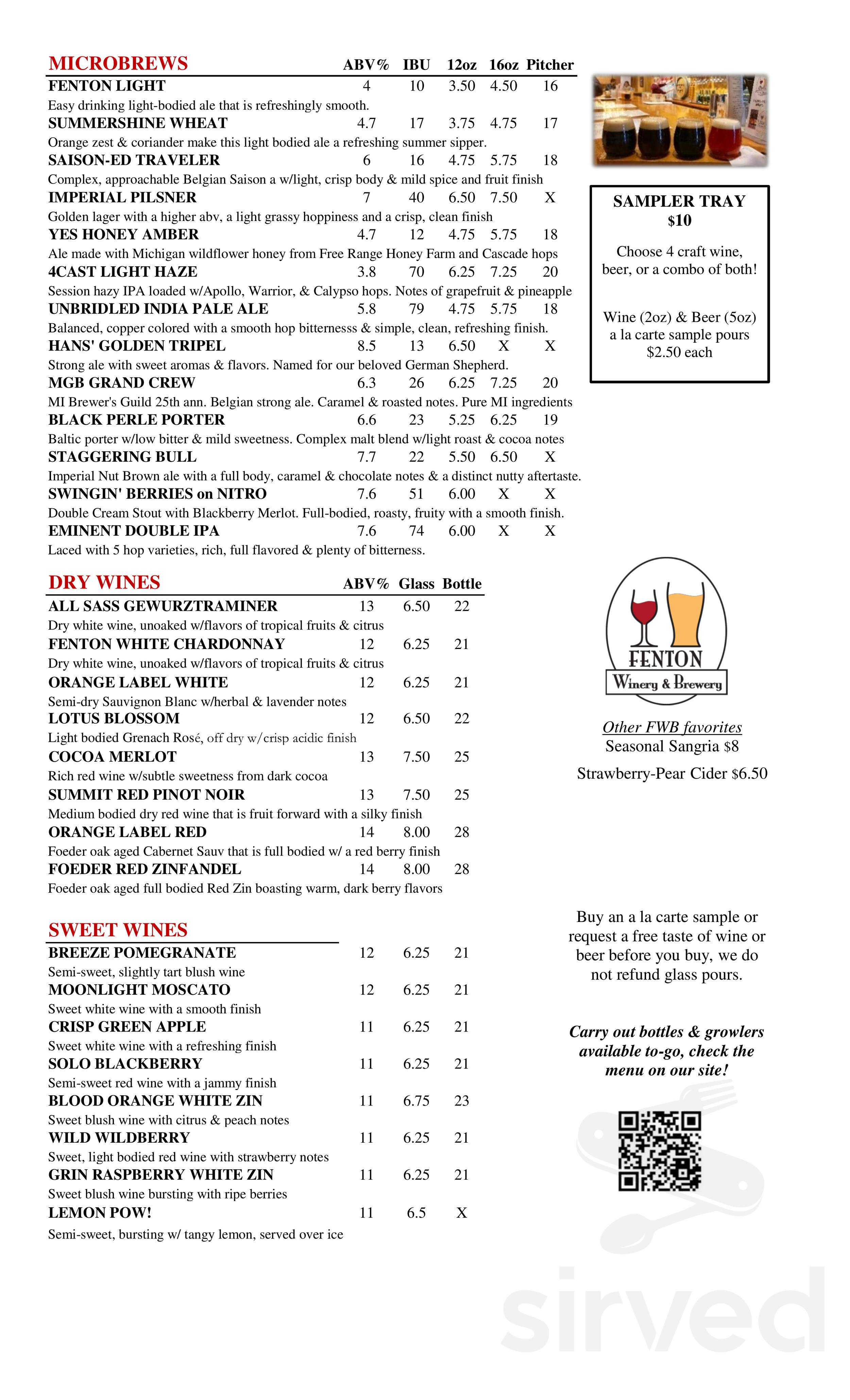 Menu - Fenton MI's Fenton Winery & Brewery | Sirved