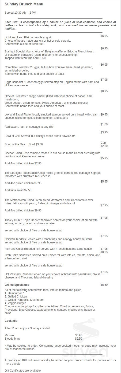 Menu - Starlight PA's The Inn Starlight Lake & Restaurant | Sirved